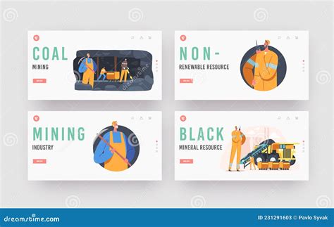Coal Mining Landing Page Template Set Extraction Industry Workers Characters At Quarry Loading