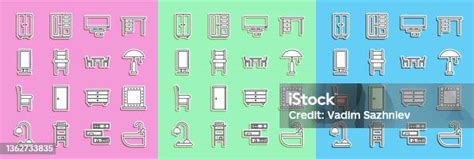 수돗물 메이크업 미러 라이트 테이블 램프 스마트 Tv 의자 큰 전체 길이 옷장 및 나무 테이블 의자 아이콘세트 라인 Washbasin 벡터 0명에 대한 스톡 벡터 아트 및