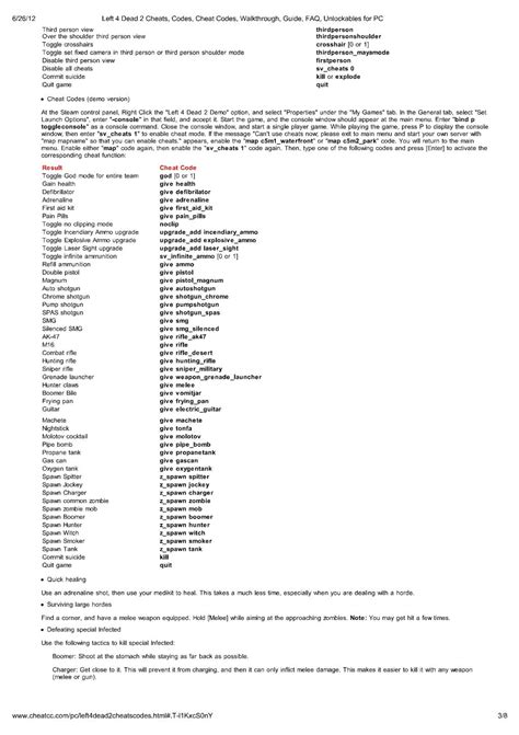 Print Left 4 Dead 2 Cheats Codes Cheat Codes Walkthrough Guide