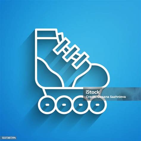 파란색 배경에 격리 된 흰색 라인 롤러 스케이트 아이콘 긴 그림자 벡터 고풍스런에 대한 스톡 벡터 아트 및 기타 이미지 고풍스런 굴리기 그림자 Istock