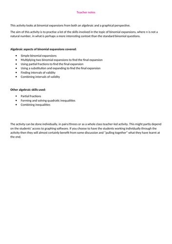 Algebraic And Graphical Binomial Expansion Activity Teaching Resources