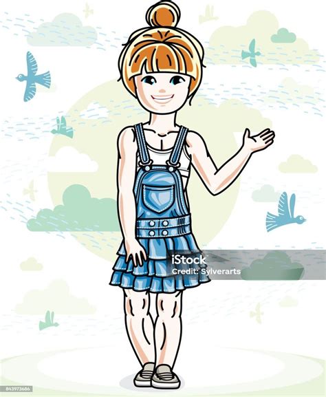 조류와 구름 자연 배경에서 서 있는 캐주얼 옷 좀 빨간 머리 귀여운 여자 아이 예쁜 아이의 벡터 일러스트입니다 감정에 대한 스톡 벡터 아트 및 기타 이미지 Istock