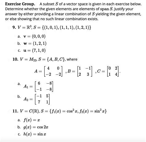 Solved Exercise Group A Subset S Of A Vector Space Is Given Chegg Com