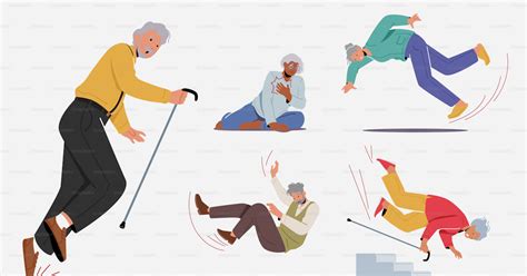 노인들이 비틀거리고 노인들이 미끄러운 길 서투름 또는 건강 문제로 인해 땅에 쓰러지는 노인 남성과 여성 캐릭터가 흰색 배경에 고립되어 있습니다 만화 벡터 일러스트레이션