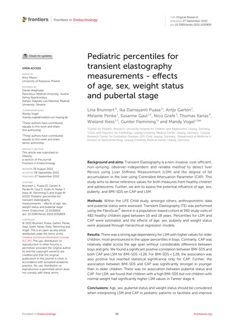 PDF Pediatric Percentiles For Transient Elastography Measurements Effects Of Age Sex