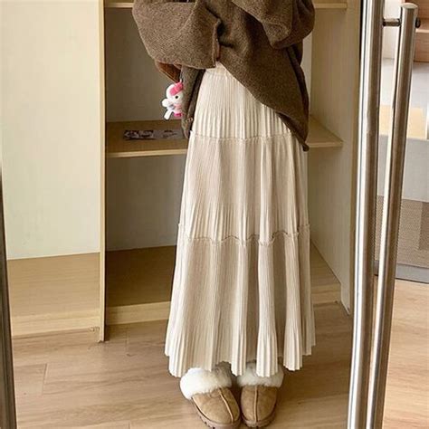 예쁜 가을 겨울 편한 여성긴치마 치마 데일리 데이트 드레이프 주름 밴딩 롱스커트