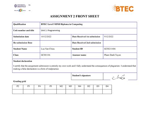 Asm1 C Luu Van Chieu Abc Assignment 2 Front Sheet Qualification Btec Level 5 Hnd Diploma In