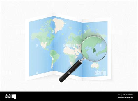 Enlarge South Korea With A Magnifying Glass On A Folded Map Of The World Vector Paper Map Stock