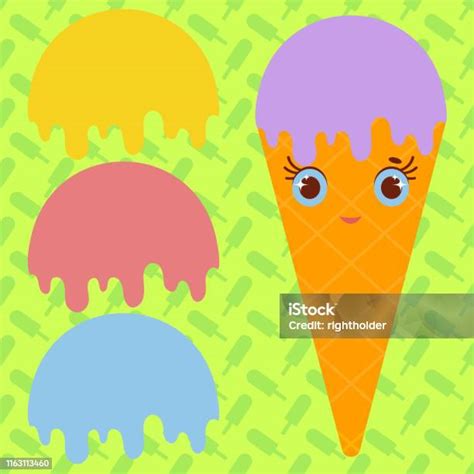 노란색 빨간색 보라색 파란색의 아이스크림 공을 설정합니다 오렌지 만화 와플 콘 미소 밝은 녹색 배경에 플랫 컬러 패턴 개체 그룹에 대한 스톡 벡터 아트 및 기타 이미지