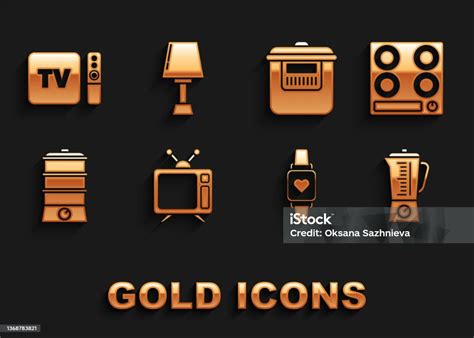 설정 텔레비전 가스 스토브 블렌더 스마트 시계는 심장 박동 속도를 보여주는 더블 보일러 느린 밥솥 Tv 박스 수신기와 리모컨과 테이블 램프 아이콘 플레이어 벡터 가열장치에