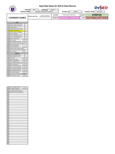 Sample Template Class Record Pdf