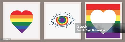 Lgbt 커뮤니티의 세 가지 벡터 일러스트레이션 집합입니다 심장 무지개 눈으로 손 레터링을 좋아합니다 Lgbtq 기호와 색상 인권과 관용 해피 프라이드의 달 Lgbt