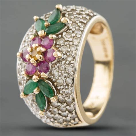 Second Hand 14ct Yellow Gold Emerald And Brilliant Cut Diamond Ruby
