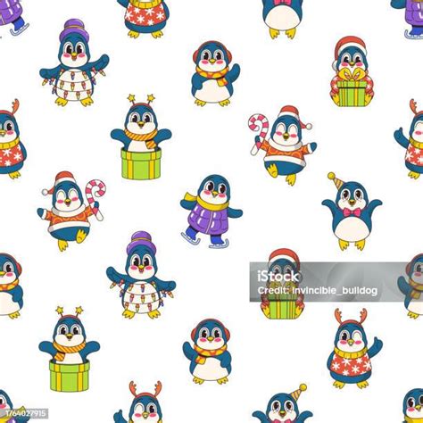 사랑스러운 복고풍 펭귄 캐릭터가 다양한 포즈와 의상을 입고 있는 매력적인 완벽 한 패턴 벡터 일러스트 레이 션 겨울에 대한 스톡 벡터 아트 및 기타 이미지 Istock