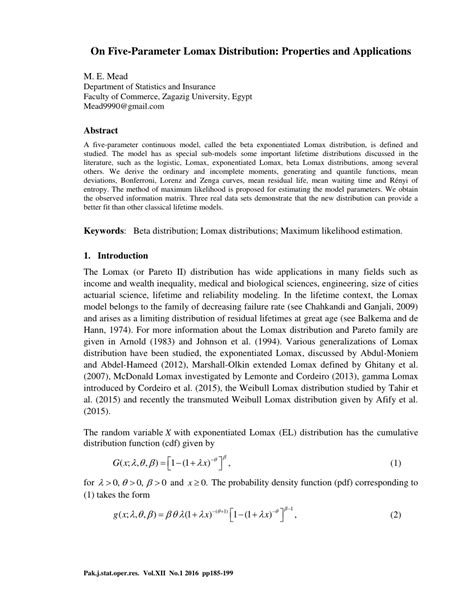 Pdf On Five Parameter Lomax Distributionproperties And Applications