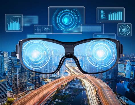 Augmented Reality Glasses Overlaying Information On A Cityscape Stock