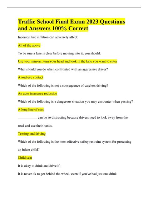 Traffic School Final Exam 2023 Questions And Answers 100 Correct Traffic School Stuvia Us