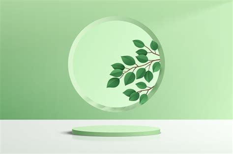 추상적 인 현실적인 3d 녹색 실린더 받침대 연단에 녹색 잎이 있는 원 창 제품 디스플레이 프리젠 테이션을위한 파스텔 녹색 최소 장면 벡터 기하학적 렌더링 플랫폼입니다 무대