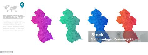 벡터 다각형 가이아나 지도 세트입니다 낮은 폴리 스타일의 국가의 밝은 그라데이션 지도 인포그래픽을 위한 기하학적 스타일의 여러 가지 빛깔의 국가 지도 당신을 위한 다각형