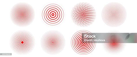 빨간색 동심원이 설정됩니다 방사형 수중 음파 탐지기 또는 음파 링 수집 하프톤 점선 및 점선 진원지 표적 레이더 아이콘 심볼 팩 잔물결 모양의 동심 신호 진동 요소 벡터