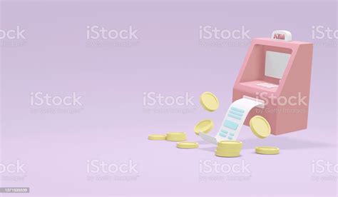 거래 은행 사업 및 기술의 배경 개념에 동전과 전표 종이와 Atm 기계의 3d 렌더링 3d 렌더링 일러스트 만화 스타일 3차원 형태에 대한 스톡 사진 및 기타 이미지