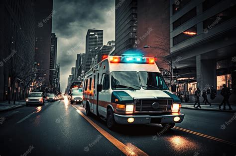 premium photo ambulance driving in city street with clouded sky