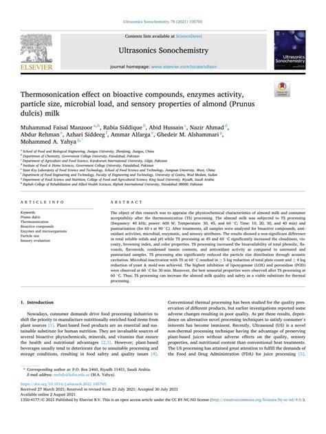 Pdf Thermosonication Effect On Bioactive Compounds Enzymes Activity