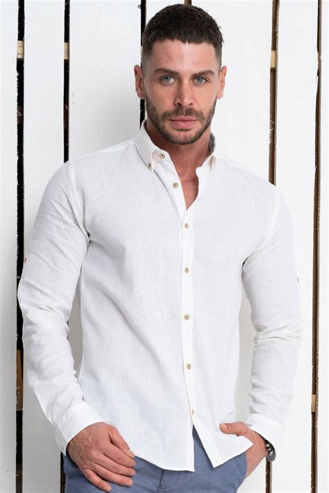 Вталена мъжка риза бяла ЛЕН