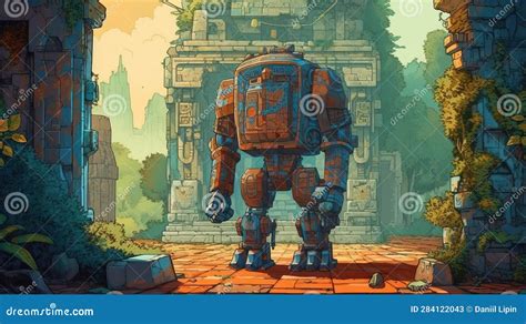 A Robot Exploring An Ancient Temple Stock Illustration Illustration Of Technology Temple