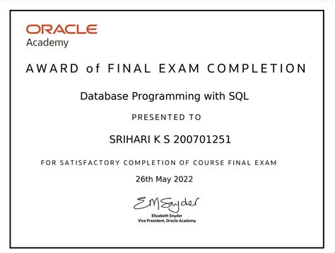I Am Thrilled To Share My Course Completion Certificate On The Title Of Database Programming