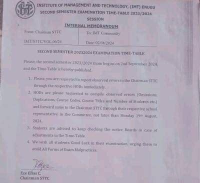 IMT Enugu Releases 2nd Semester Exam Timetable 2023 2024 Mybabe