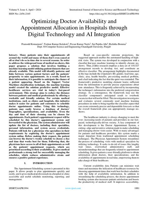 Optimizing Doctor Availability And Appointment Allocation In Hospitals Through Digital