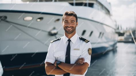 Premium Ai Image Confident Captain Standing In Front Of A Luxury Yacht The Captain Exudes A
