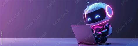 Cute Friendly Artificial Intelligence Robot Using Laptop Computer With Purple Neon Glow Light