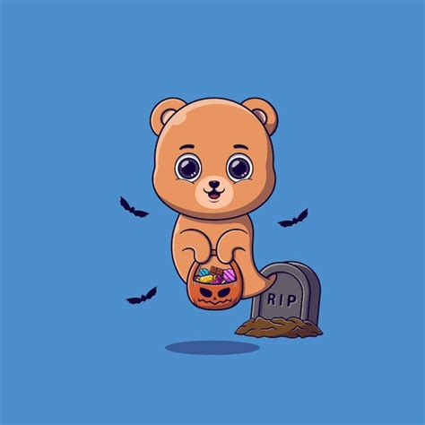 Premium Vector Cute Ghost Bear Holding Pumpkin Basket Full Of Candies