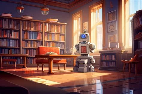 Robot In Library Illustration At Evening Ai Generated Stock Illustration Illustration Of