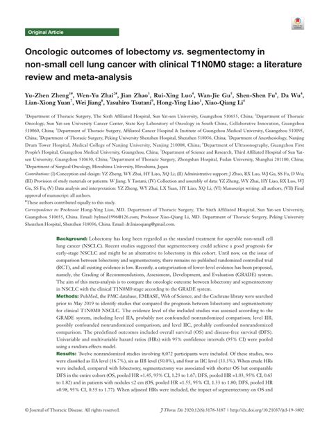Pdf Oncologic Outcomes Of Lobectomy Vs Segmentectomy In Non Small Cell Lung Cancer With