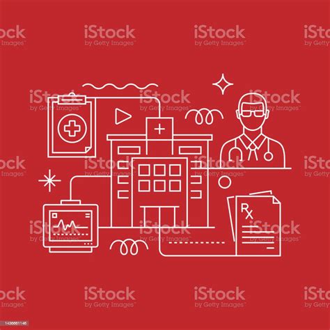 헬스케어 및 의료 관련 벡터 배너 디자인 컨셉 아이콘이 있는 모던 라인 스타일 진료소에 대한 스톡 벡터 아트 및 기타 이미지