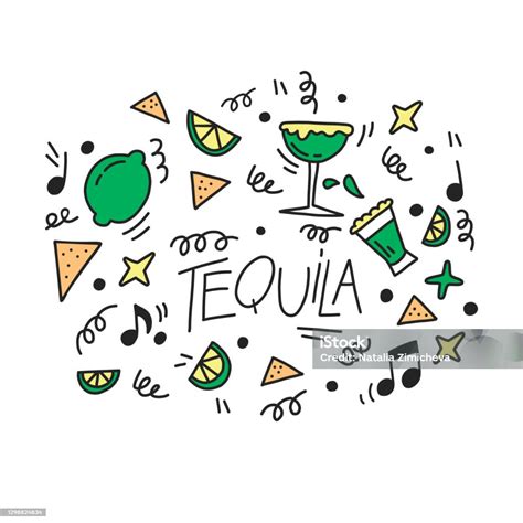 레스토랑의 벡터 포스터입니다 낙서 코크테일귀여운 손 그리기 마가리타 데킬라 멕시코 스타일 파티 초대장 여행 레터링 신코 드