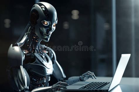Futuristic Humanoid Robot Sitting In Front Of A Laptop And Texting Representing The Concept Of