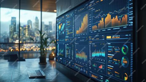 Modern Workspace Displaying Data Analytics On A Large Screen Premium