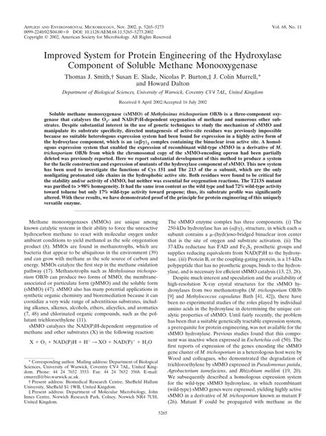 Pdf Improved System For Protein Engineering Of The Hydroxylase Component Of Soluble Methane
