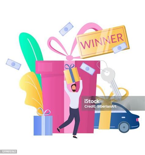 해피 맨 선물 상자 플랫 벡터 일러스트와 행운의 상금 수상자 추첨 복권 경품 추첨 개념 래플에 대한 스톡 벡터 아트 및 기타 이미지 Istock