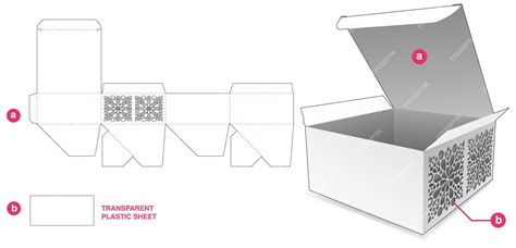 측면 벽에 스텐실 만다라가 있고 플라스틱 시트 다이 컷 템플릿 및 3d 모형이 있는 판지 상자 프리미엄 벡터