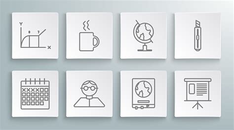 라인 달력 학생 학교 칠판에 세계지도 그래프 일정 차트 다이어그램 인포 그래픽 파이 그래프 지구 지구본 편지지 칼 및 파이