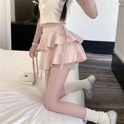 Купити Мереживні міні спідниці з оборками Жіночі багатошарові милі лоліти Бандажні спідниці