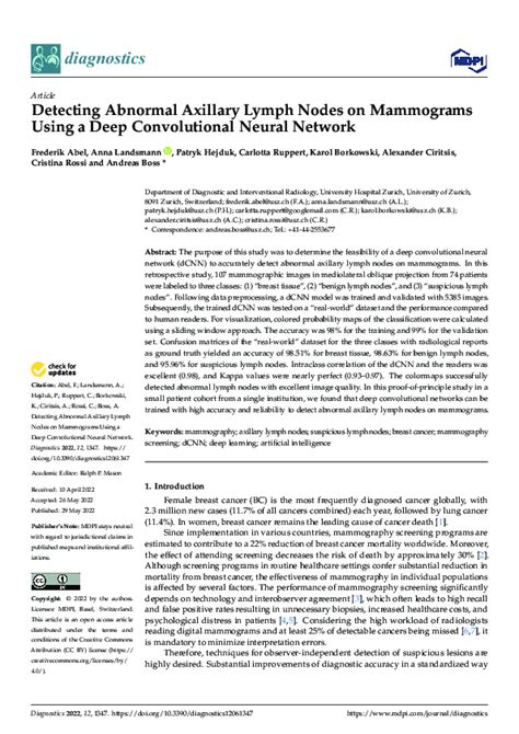 Pdf Detecting Abnormal Axillary Lymph Nodes On Mammograms Using A