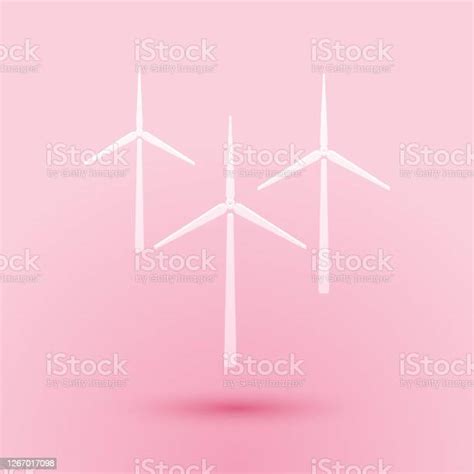 분홍색 배경에 격리 된 풍력 터빈 아이콘을 종이 잘라 풍력 발전기 기호 풍차 실루엣 전력 생산을 위한 풍차 종이 아트 스타일 벡터 개발에 대한 스톡 벡터 아트 및 기타