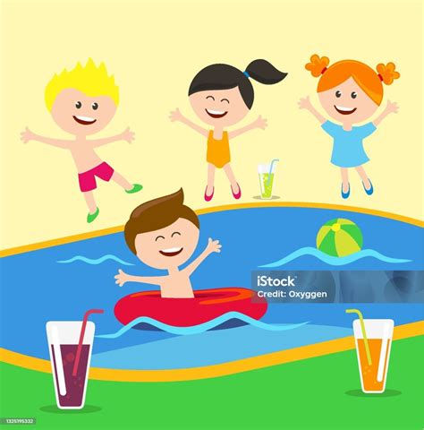 수영장 근처에서 즐거운 시간을 보내고 있는 아이들 여름 수영과 일광욕 벡터 가족에 대한 스톡 벡터 아트 및 기타 이미지 가족 귀여운 물 Istock
