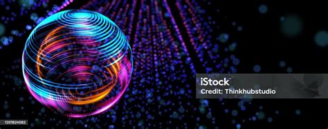 3d 네온 빛 지구 궤도 원회전 디지털 스마트 세계 미래 기술 과학 와이드 스크린 웹 배너 배경 디스코 춤에 대한 스톡 사진 및 기타 이미지 Istock